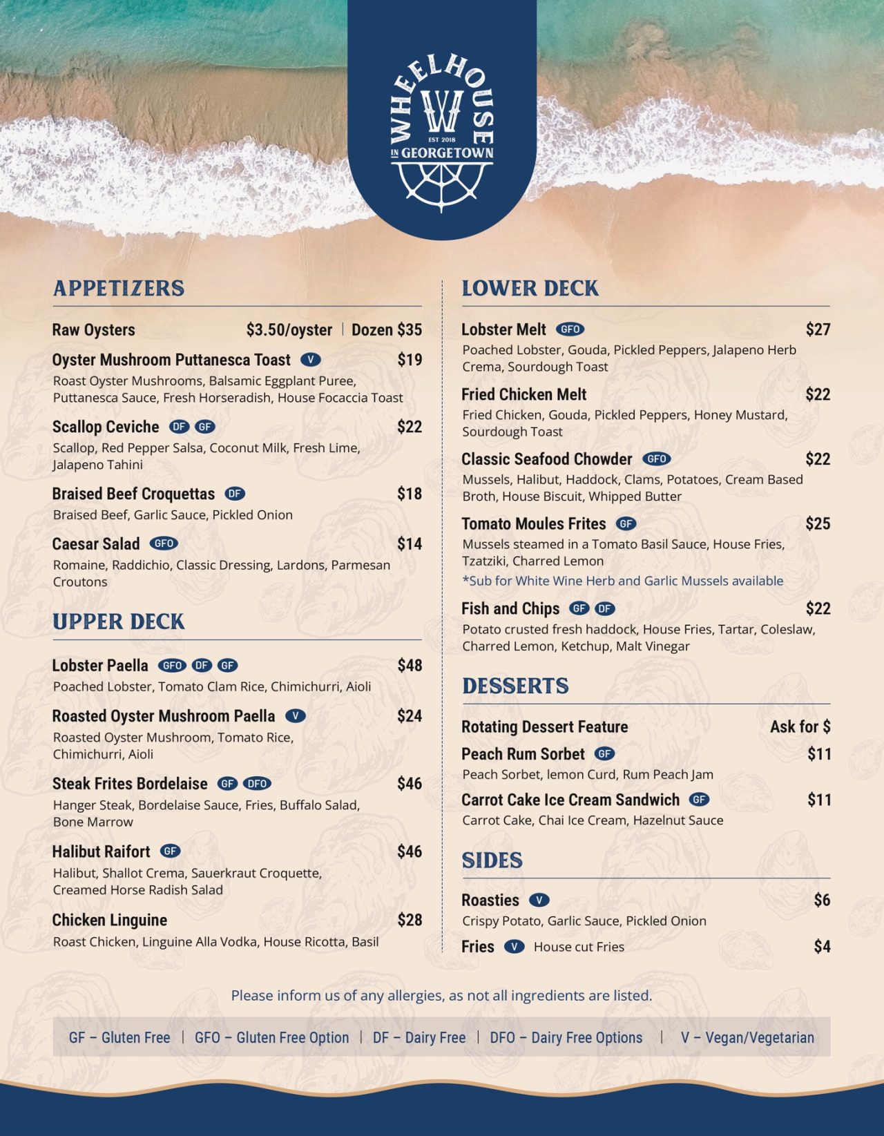 Menu - Wheelhouse Restaurant in Georgetown